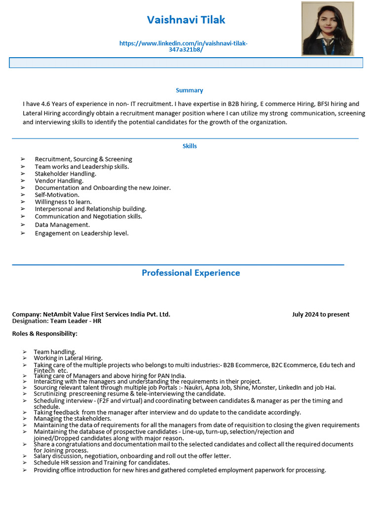 Vashnavi Tilak 4.6.. Resume | PDF | Recruitment | Business Economics