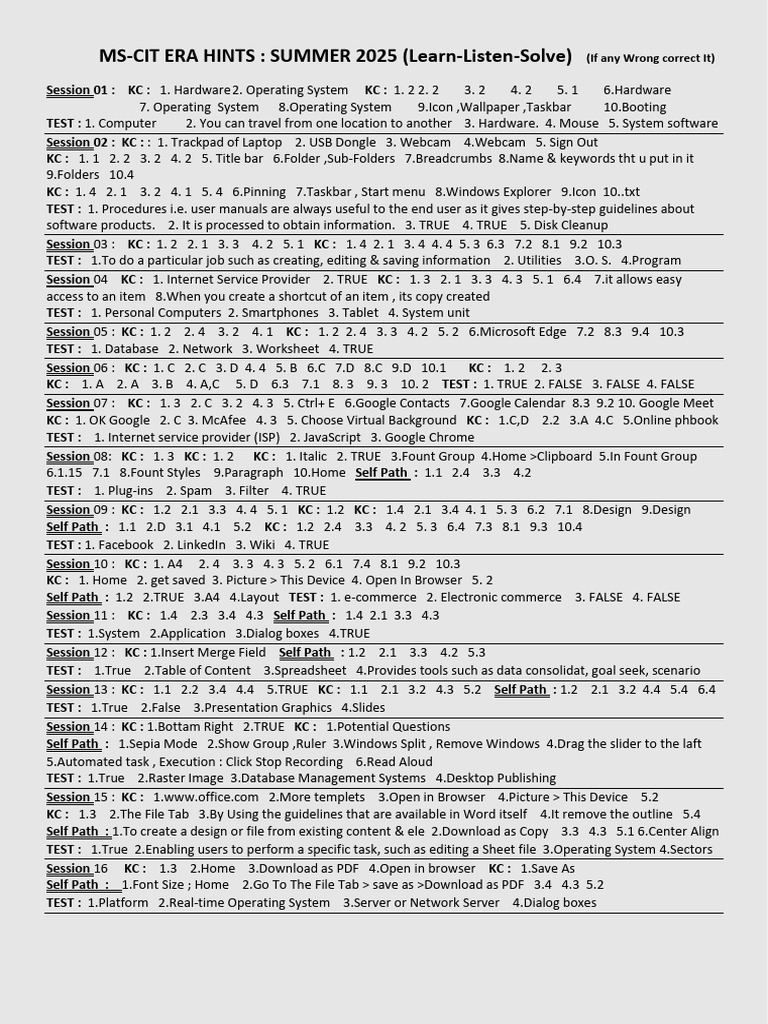 Mscit Era Hints 50 Sessios March 2025 Summer Final | PDF | Operating ...