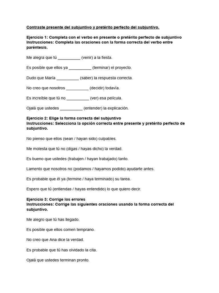 Ejercicios Presente Subjuntivo y Perfecto Subjuntivo | PDF