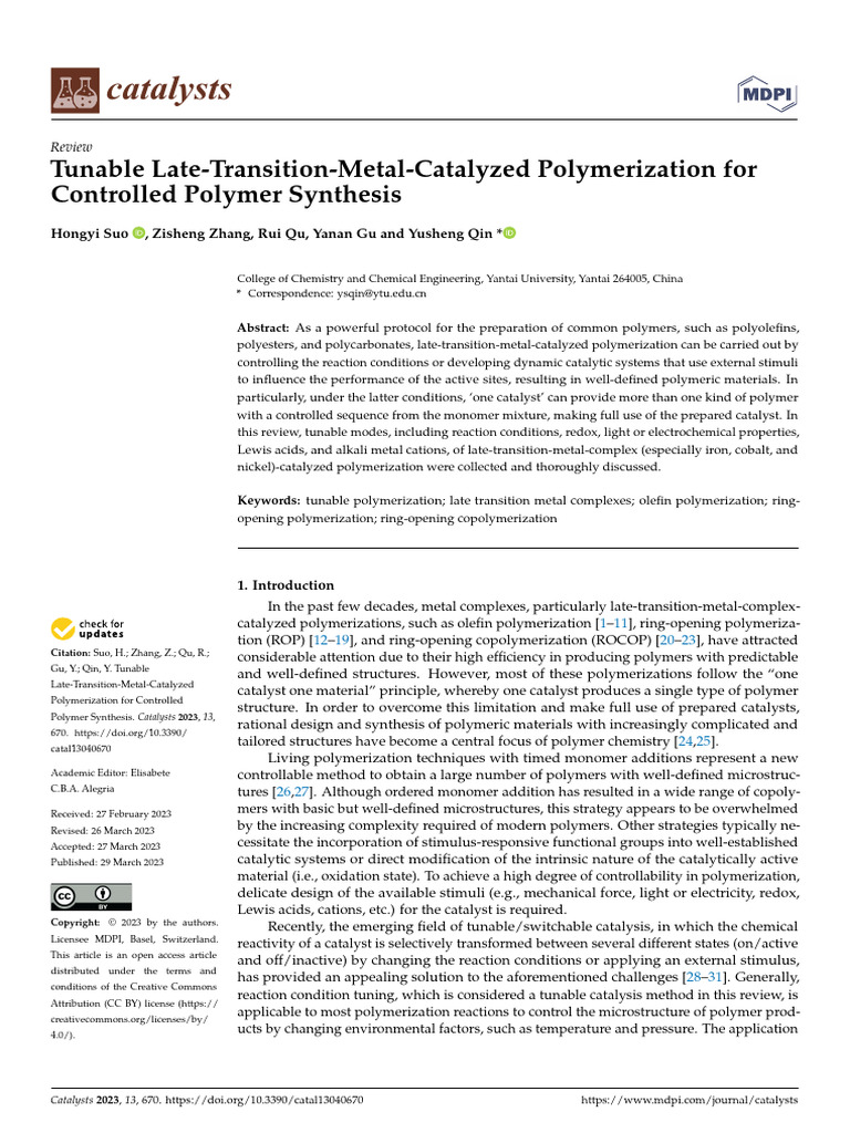 Catalysts 13 00670 | PDF | Catalysis | Polymerization