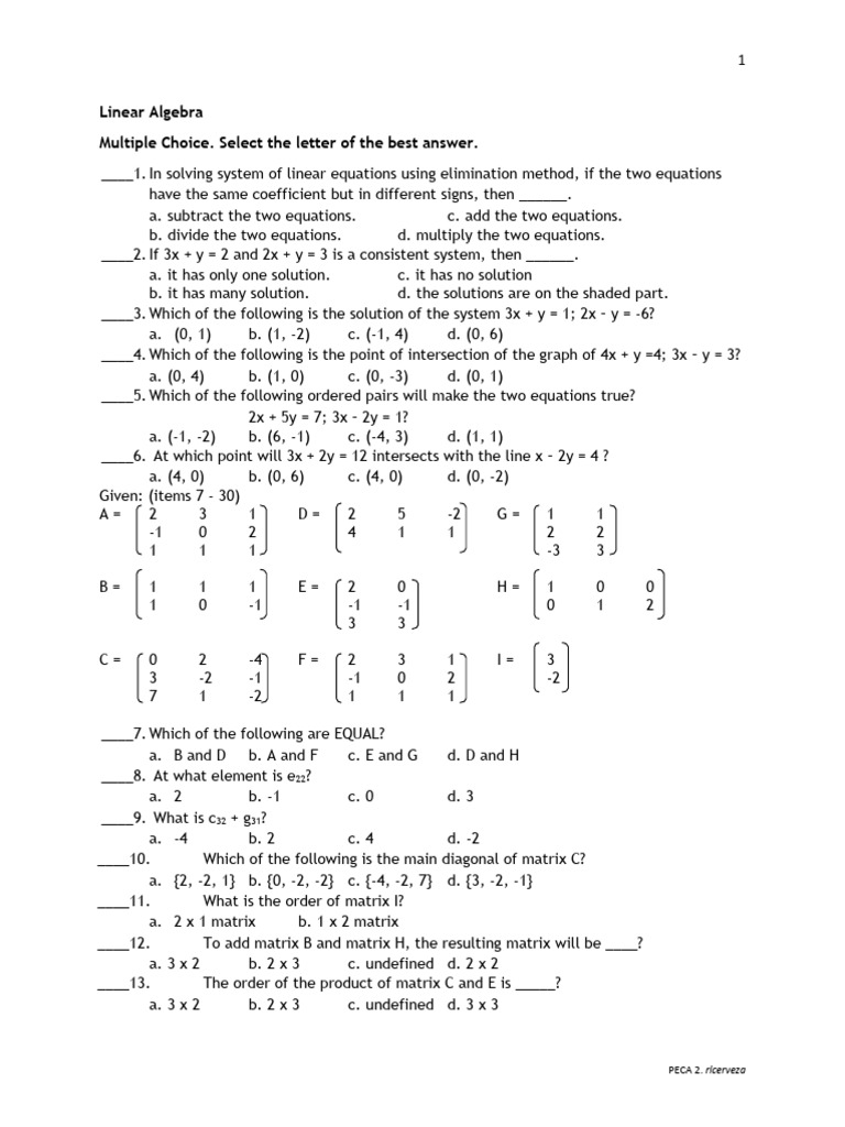PECA Linear Algebra For Students Test | PDF | Equations | Matrix ...
