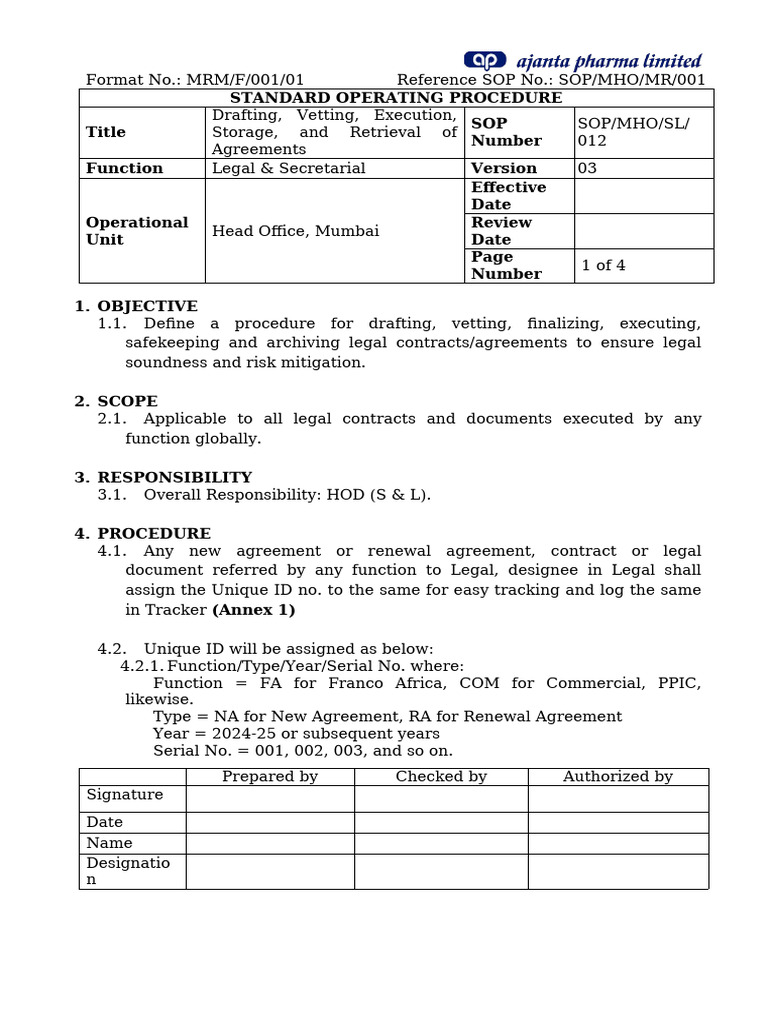 Draft SOP - Drafting - Vetting - Agreement (00 AJ 03 Jan) | PDF ...