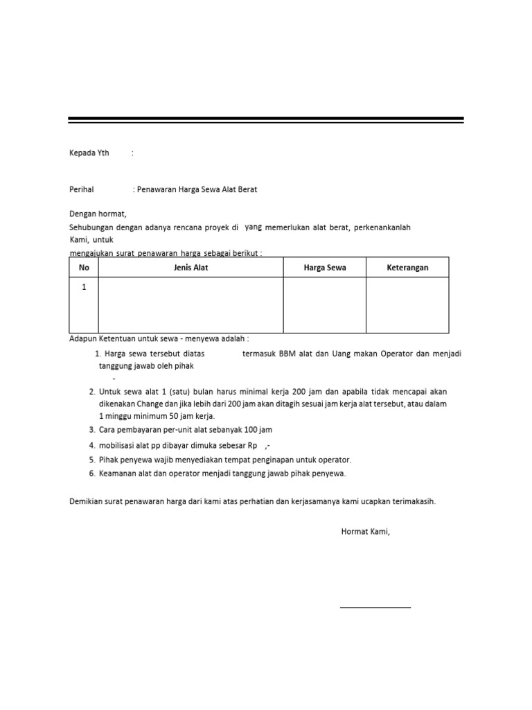 Surat Penawaran Harga Alat Berat Kami | PDF