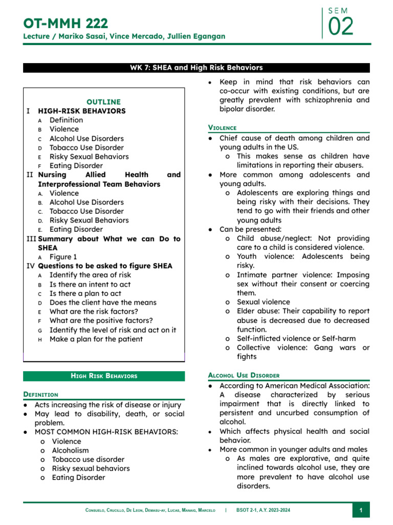[MMH] SHEA and High Risk Behaviors | PDF | Mental Disorder | Violence