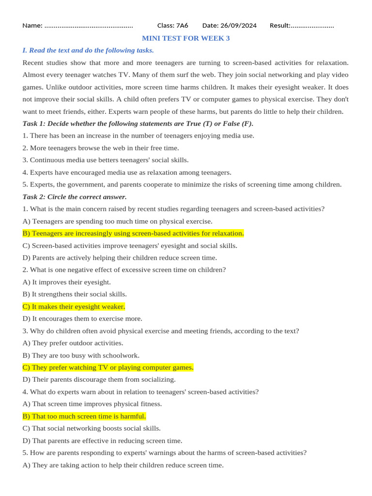 Mini Test For Week 3 - 7A6 | PDF | Adolescence