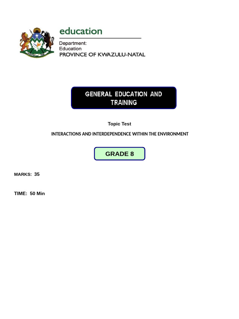 Topic Test (Interactions and Interdependence Within The Environment ...