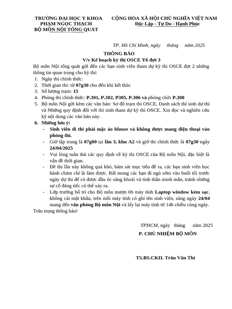 THÔNG BÁO KẾ HOẠCH THI OSCE Y6 ĐỢT 3 NH 24 25 | PDF