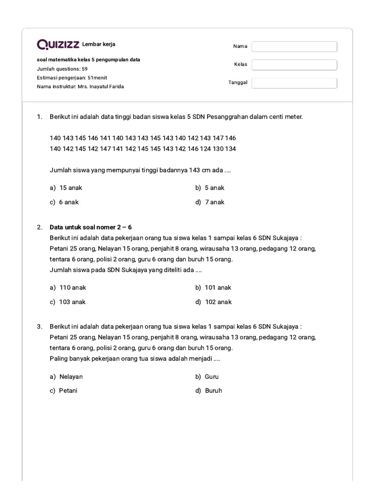 Soal Matematika Kelas 5 Pengumpulan Data - Quizizz | PDF