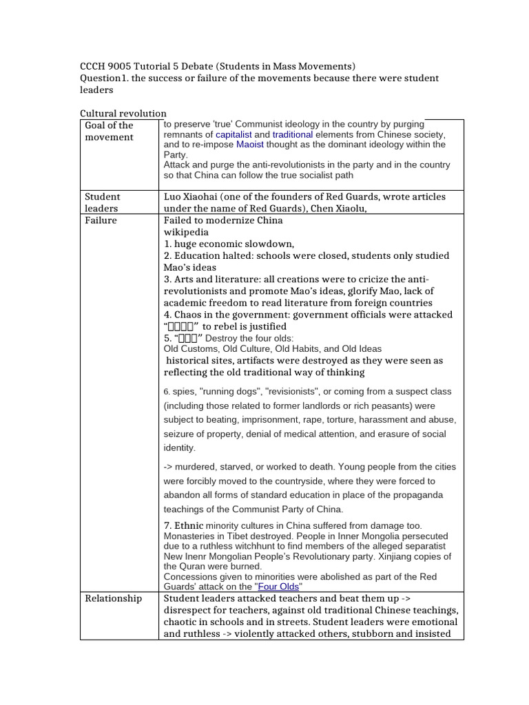 CCCH 9005 Tutorial 5 Debate | PDF | Mao Zedong | Cultural Revolution