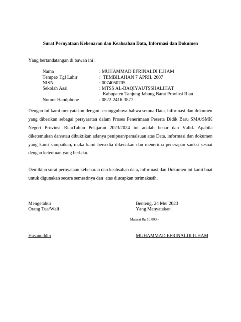 Surat Pernayataan Kebenaran Dan Keabsahan Data | PDF