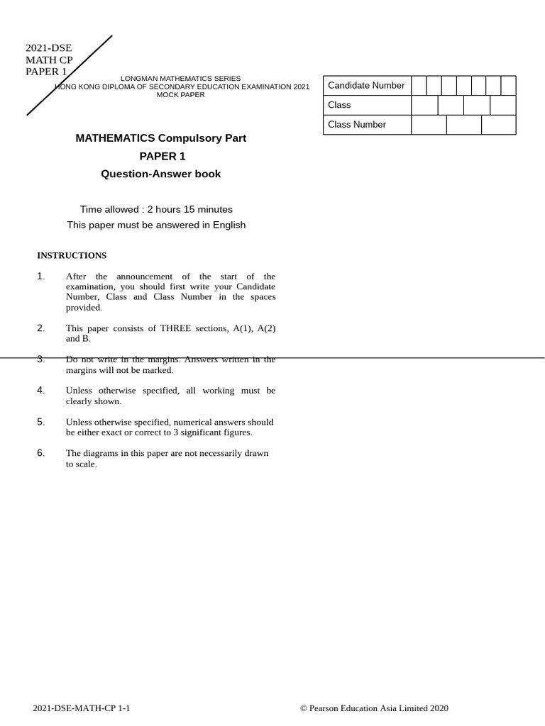 Mock 2021 Compulsory Part Paper 1 Questions | PDF | Mathematics | Geometry
