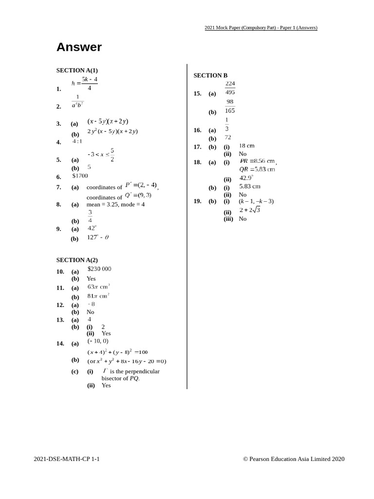 Mock 2021 Compulsory Part Paper 1 Answers | PDF