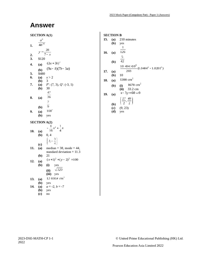 Free Mock 2023 Compulsory Part Paper 1 Answers - E | PDF