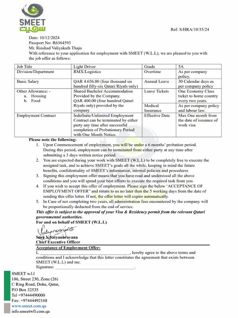 Rinshad Valiyakath Thaju Offer Letter | PDF