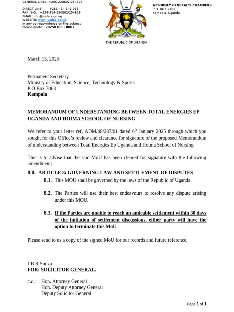 Letter Clearing Total Uganda Ep Mou | PDF