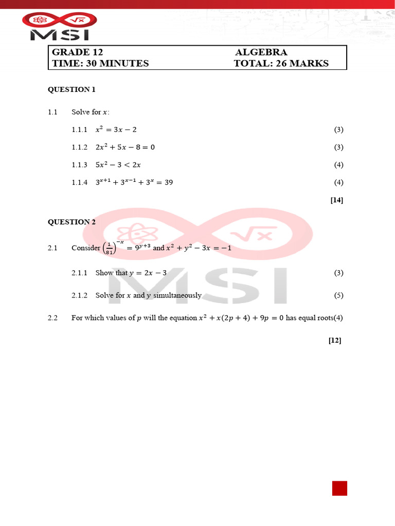 Grade 12 Algebra Test 2 | PDF