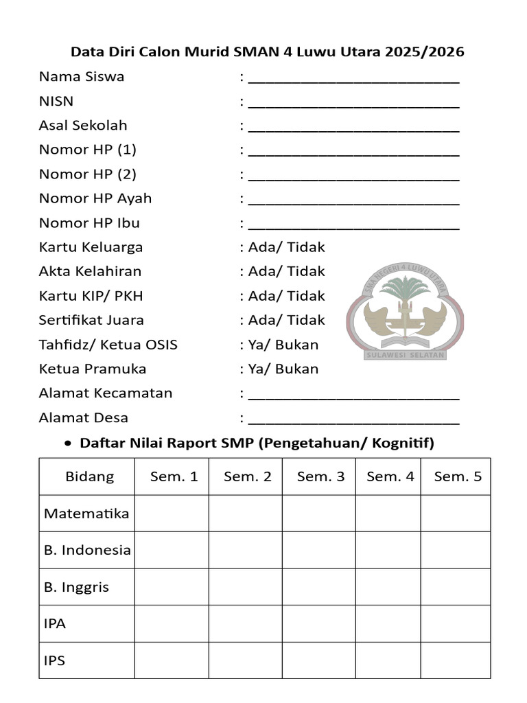 Ampul Map Data Diri Calon Murid SMAN 4 Luwu Utara 2025 1 | PDF