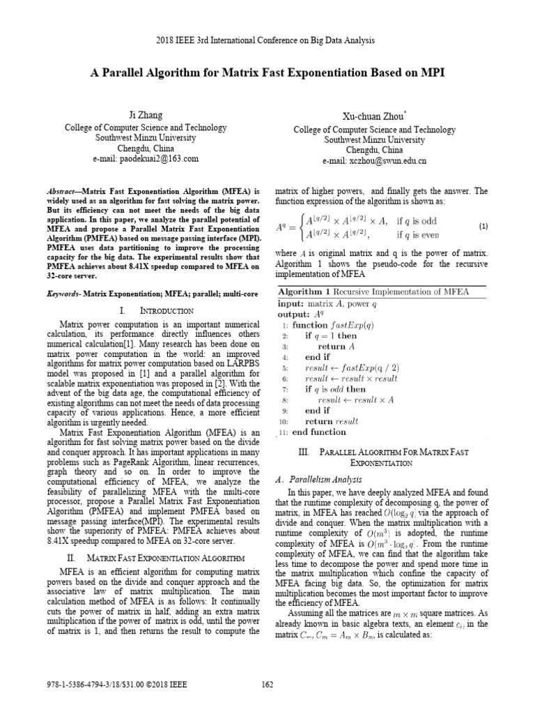 Aparallelalgorithmformatrixfastexponentiationbasedonmpi Pdf Matrix Mathematics