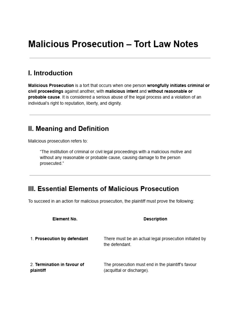 Malicious Prosecution - Tort Law Notes | PDF | Malicious Prosecution | Tort