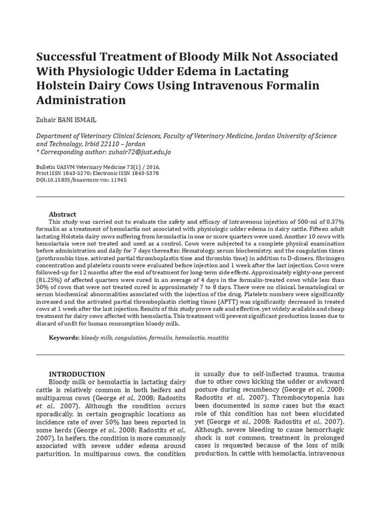 Holstein Dairy Cows Using Intravenous Formalin | PDF | Intravenous ...