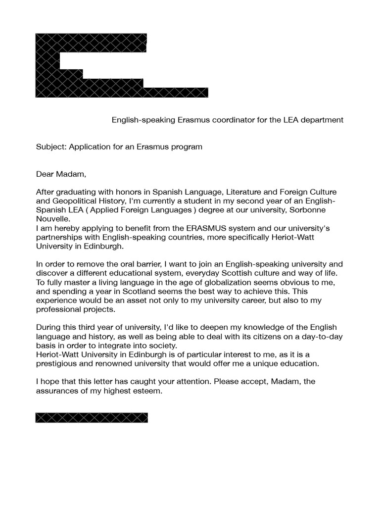 Motivation Letter Erasmus Edinburgh | PDF