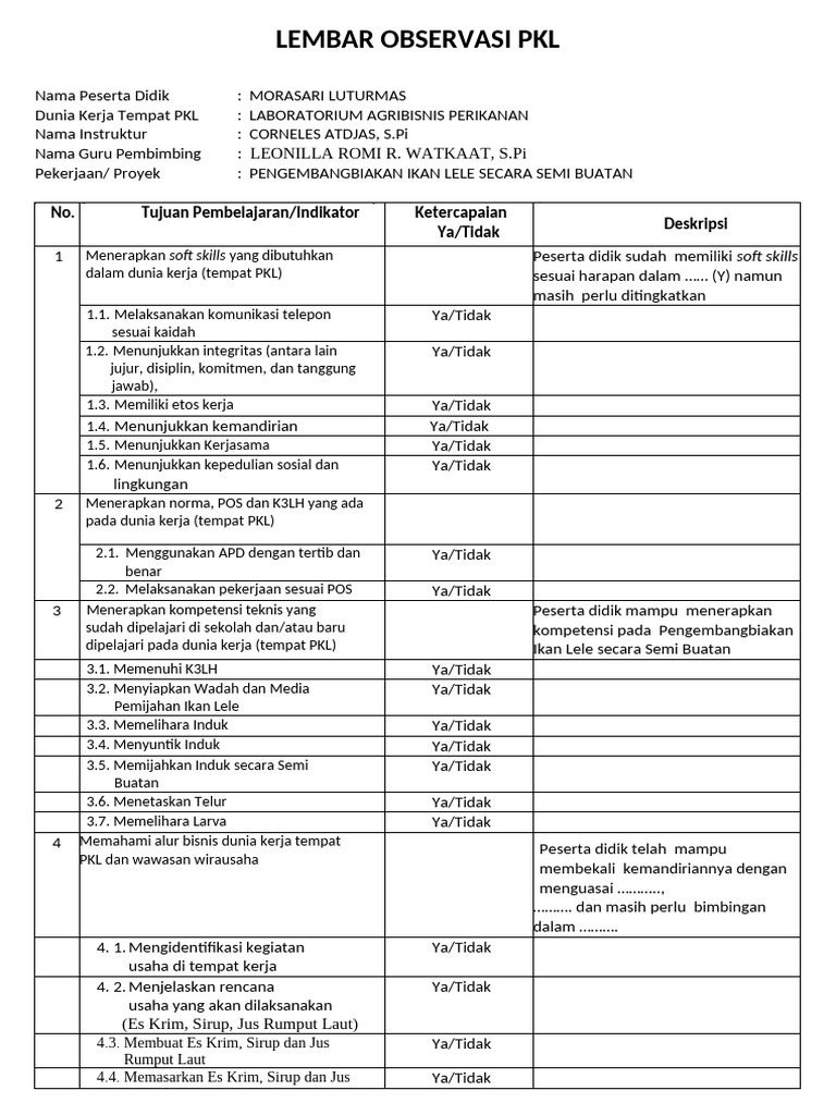 Lembar Observasi PKL | PDF