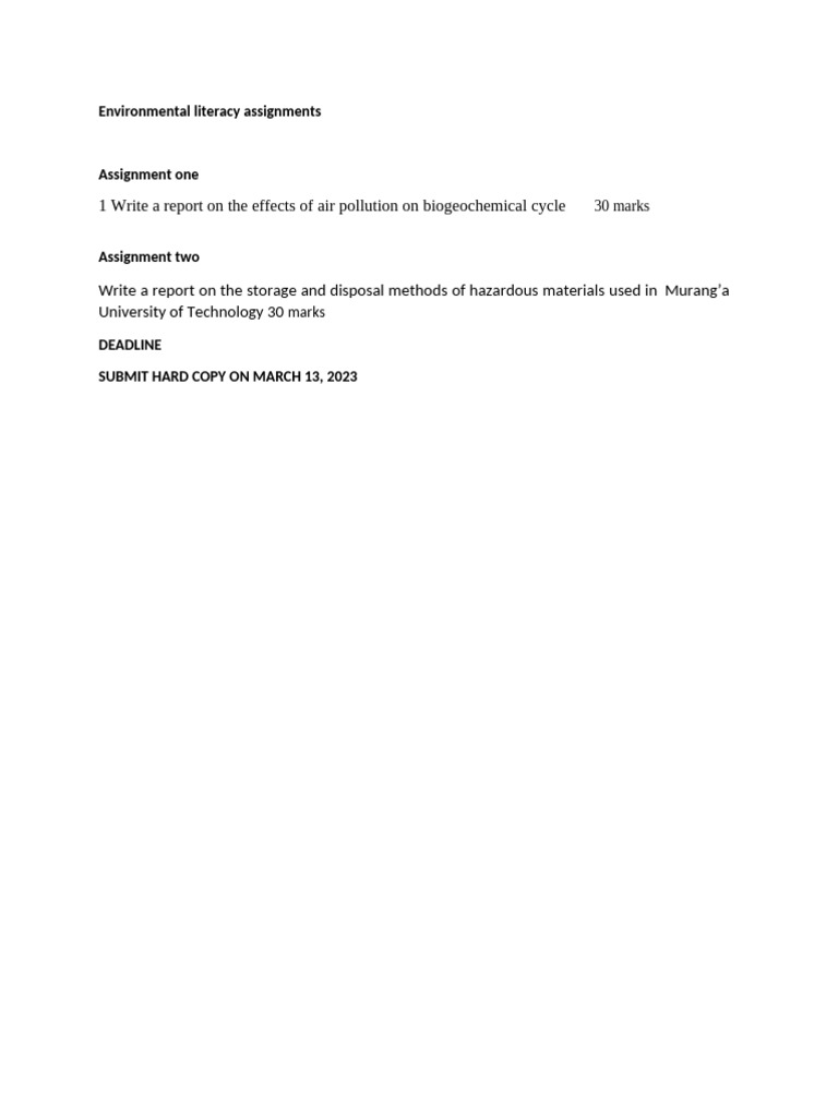 Environmental Literacy Assignments Feb 2024 | PDF