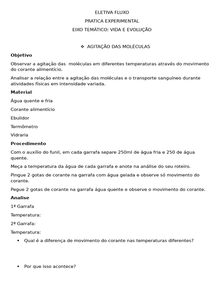 ROTEIRO ELETIVA FLUXO - MOLÉCULAS | PDF