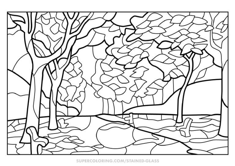 Fall Scene Stained Glass Coloring Page | PDF