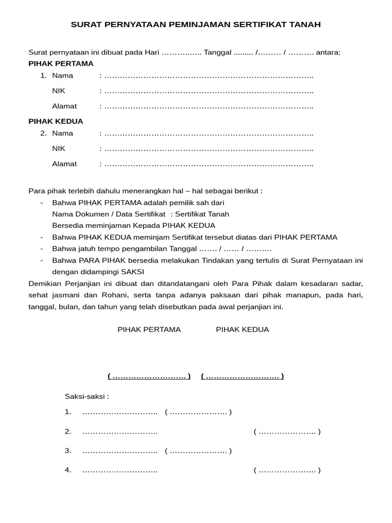 Surat Pernyataan Peminjaman Sertifikat Tanah 2 | PDF