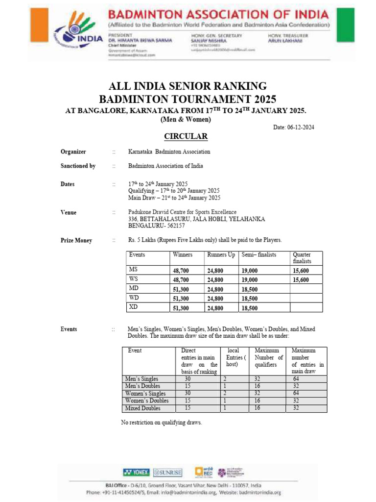 BAI Circular - All India Senior Ranking 2025 at Bangalore-1 | PDF
