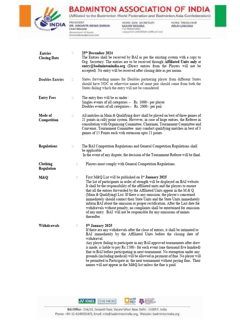 BAI Circular - All India Senior Ranking 2025 at Bangalore-2 | PDF ...