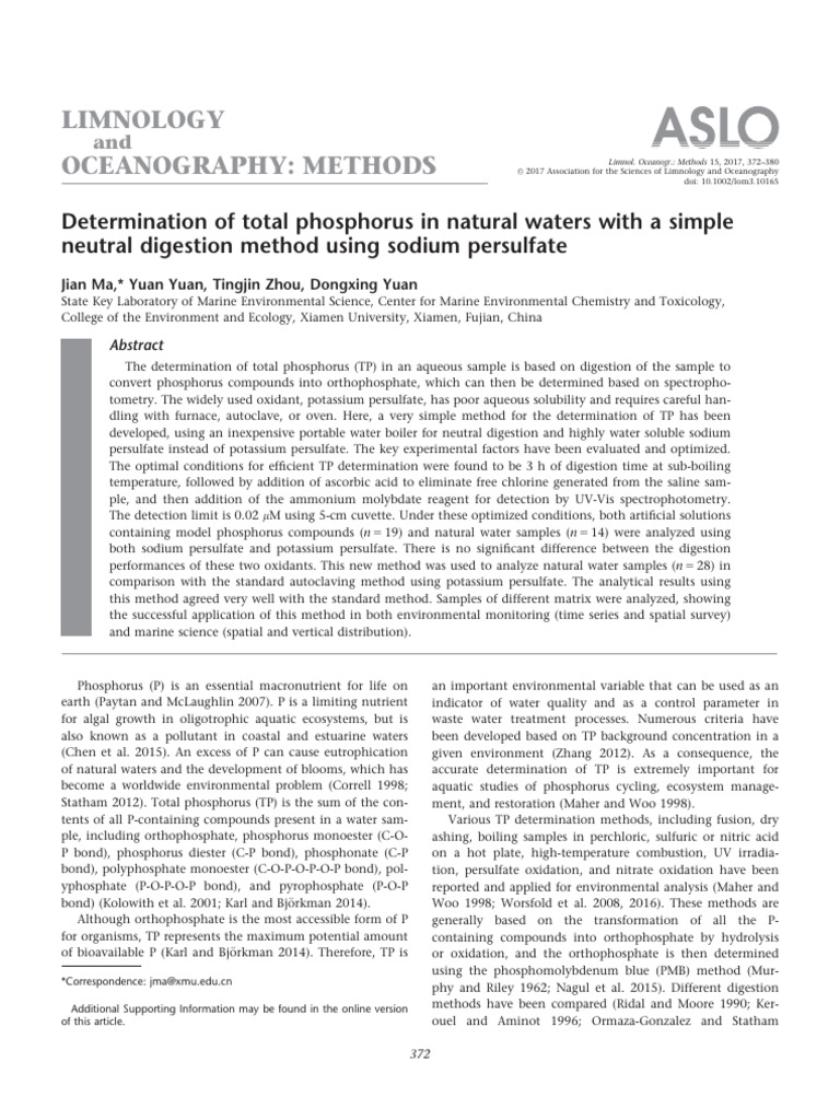 Determination of Total Phosphorus in Natural Waters With A Simple ...