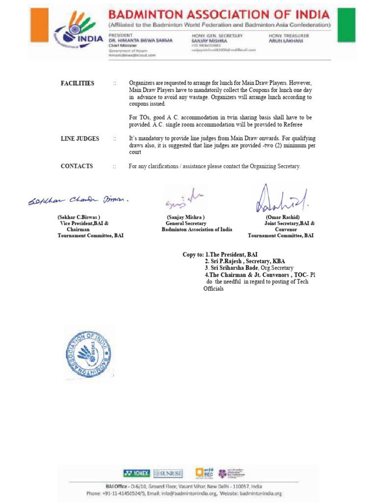 BAI Circular - All India Senior Ranking 2025 at Bangalore-4 | PDF