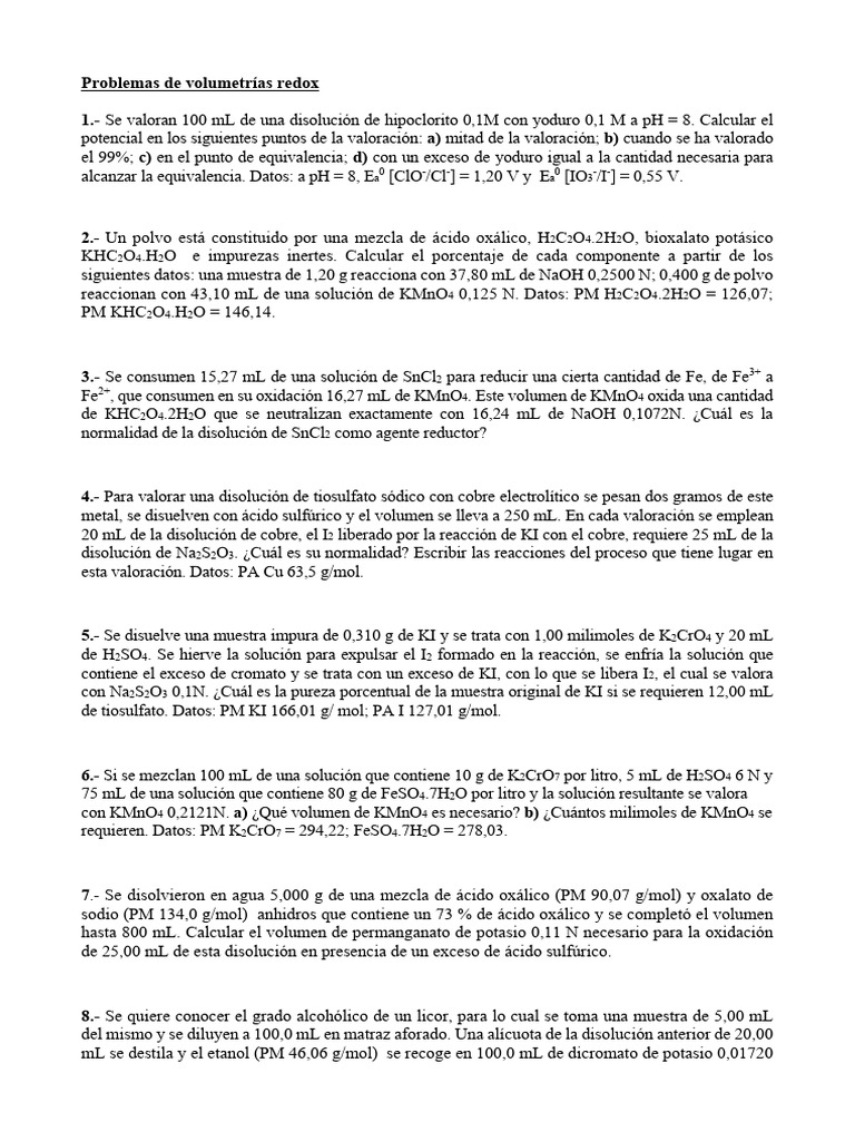Problemas Química Analítica: Redox 2 | PDF | Redox | Ácido