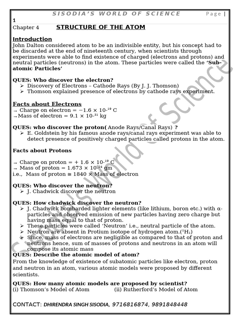 STRUCTURE OF THE ATOM Grade 9th | PDF | Atoms | Atomic Nucleus