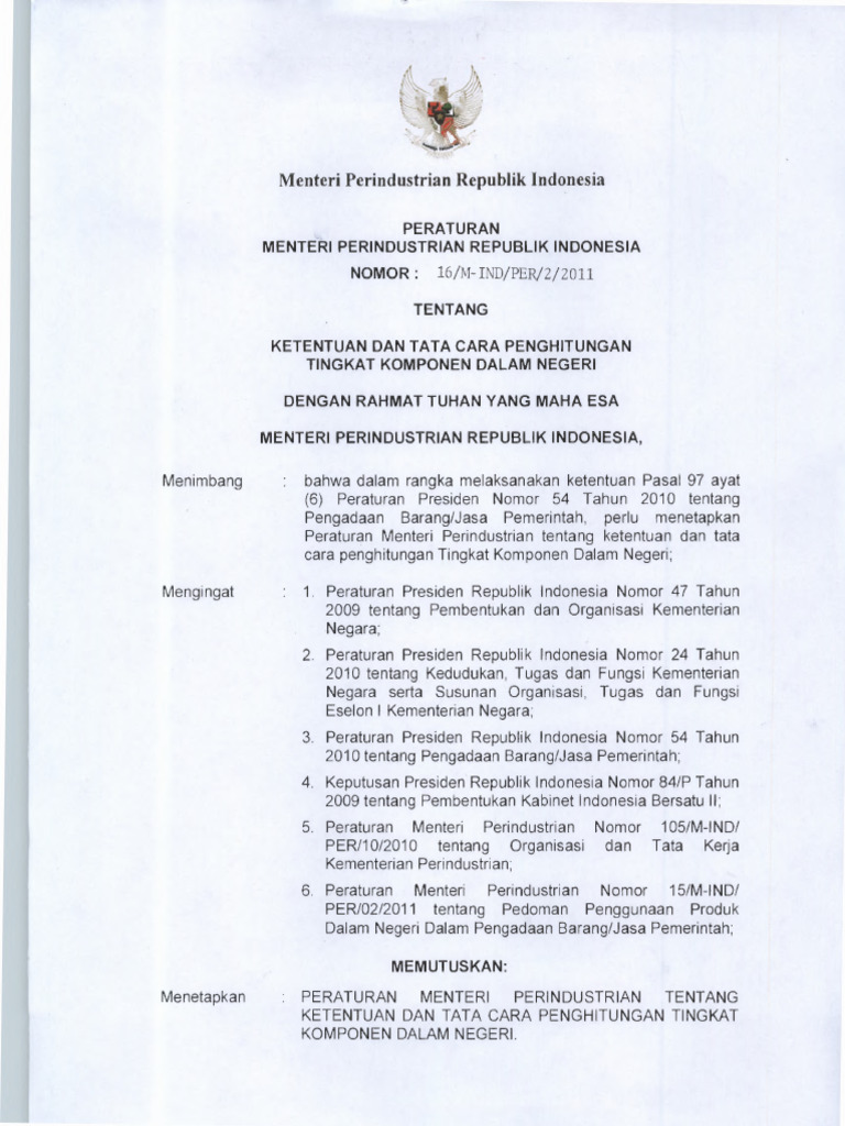 Permenperind No.02 TH 2011 - Tata Cara Penghitungan TKDN | PDF
