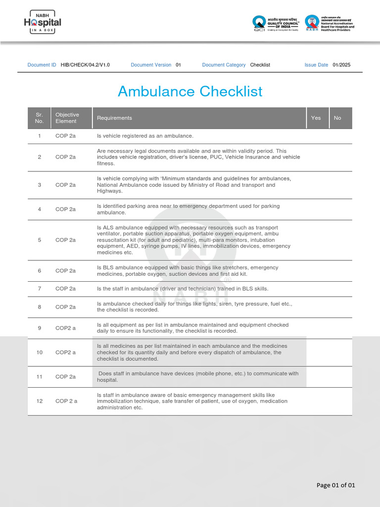 E. HIB - CHECK 04.2 - Ambulance Checklist 1 | PDF | Ambulance | Emergency Department