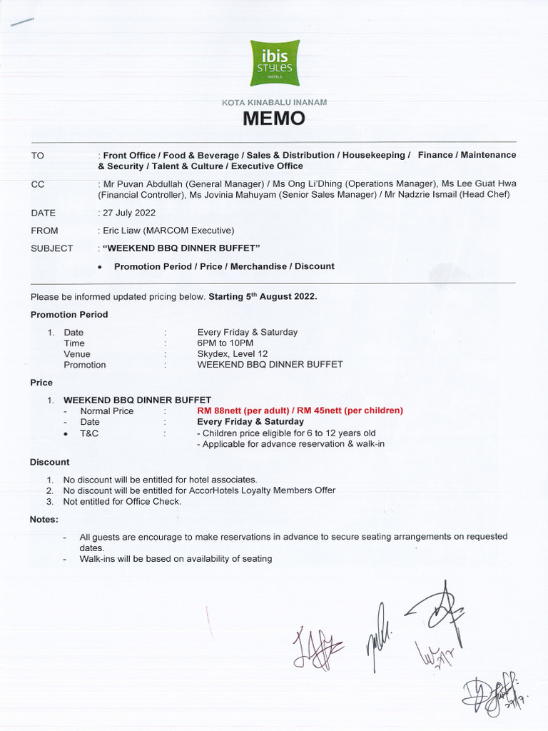 Weekend BBQ Dinner Buffet - Memo | PDF