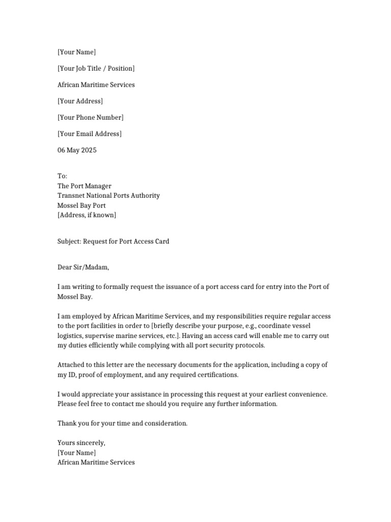 Request For Port Access Card Mossel Bay | PDF