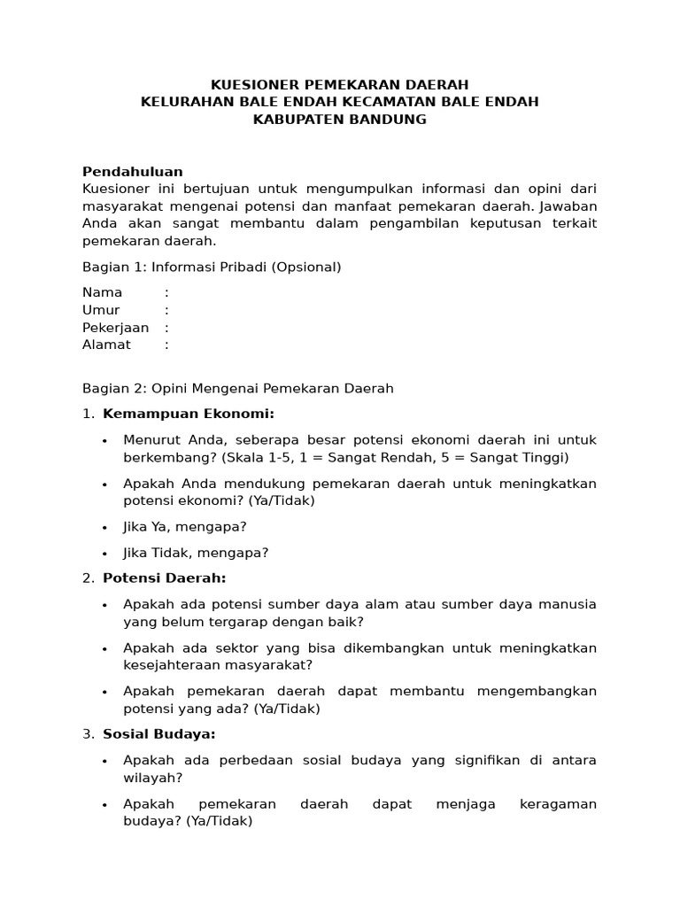 Kuesioner Pemekaran Daerah Bale Endah | PDF