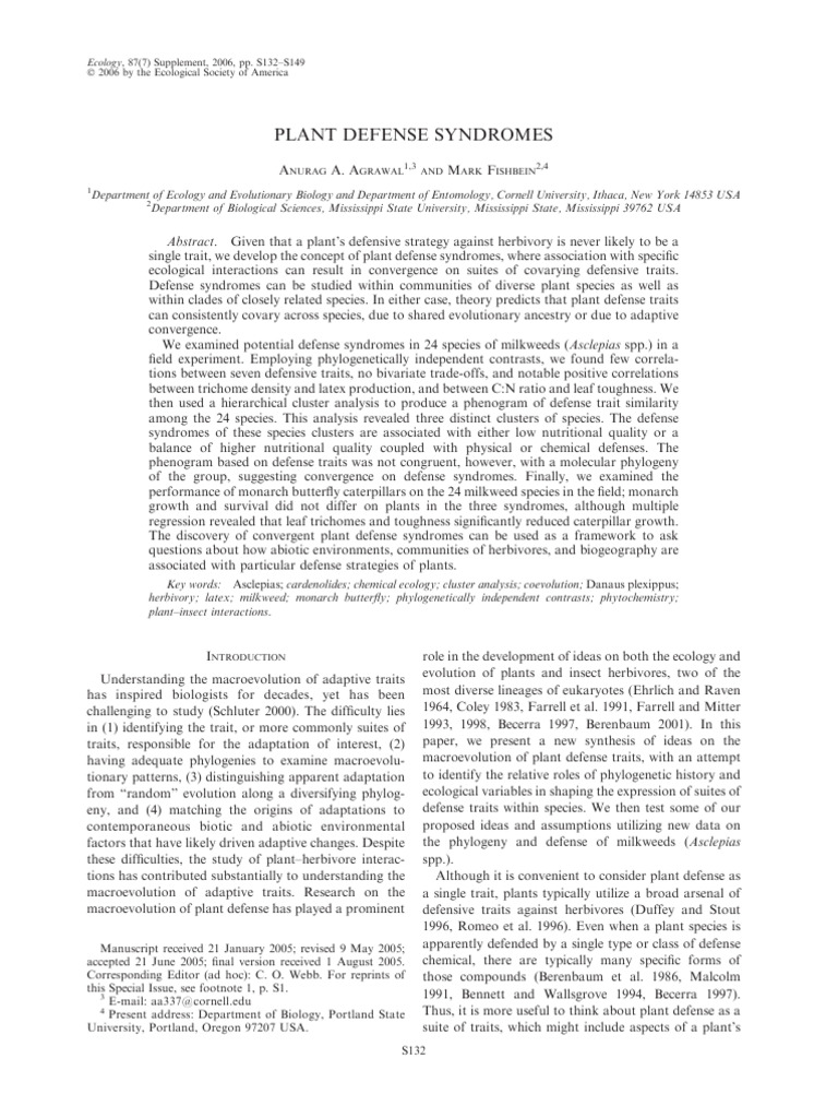 Agrawal Fishbein 2006 Plant Defense Syndromes | PDF | Phylogenetic Tree ...