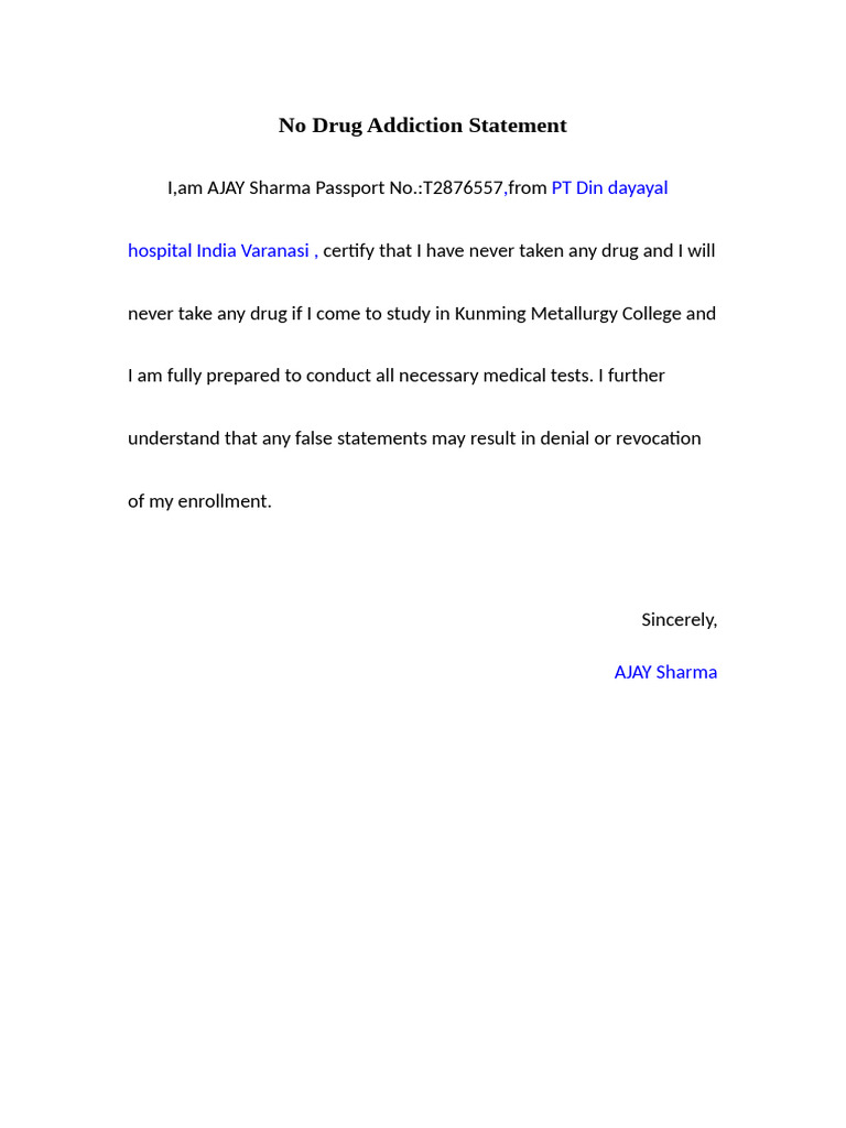 KMC-No Drug Addiction Statement-1 | PDF