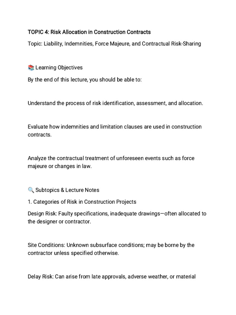 TOPIC 4 - Risk Allocation in Construction | PDF | Indemnity | Risk