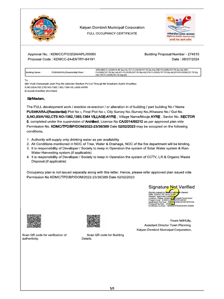 1 Occupancy Certificate - Completion Certificate - Architect's ...