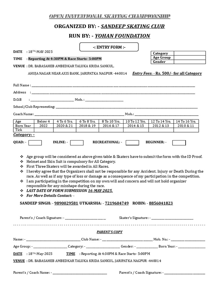 Nagpur Skating Competition Entry Form | PDF | Skating | Ice Sports