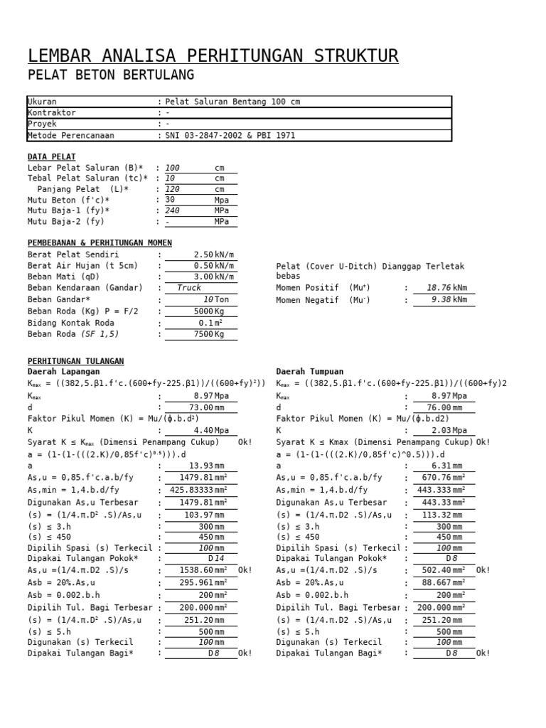 Perhitungan Pelat Beton Tutup Saluran | PDF