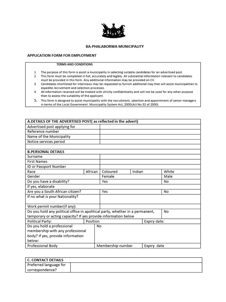 Ba-Phalaborwa Municipality Job Application Form | PDF | Recruitment ...