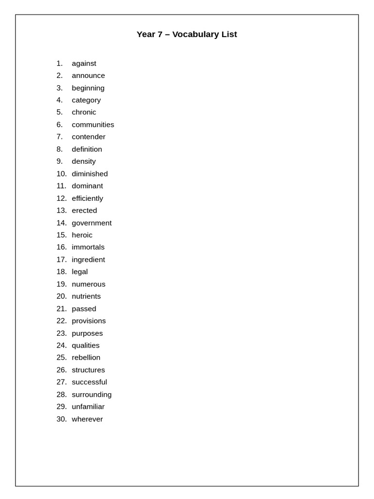 Year 7 Vocabulary List | PDF