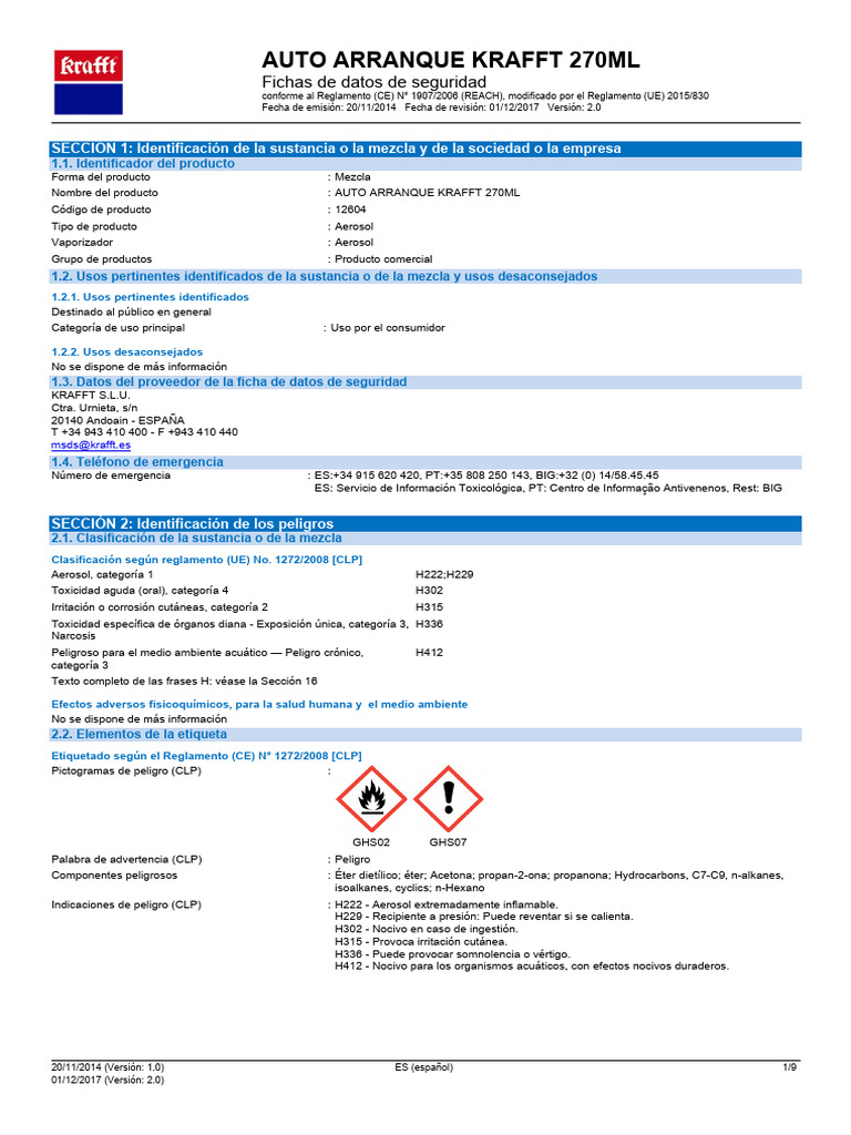 FDS - Auto-Arranque-Krafft-270ml | PDF | Agua